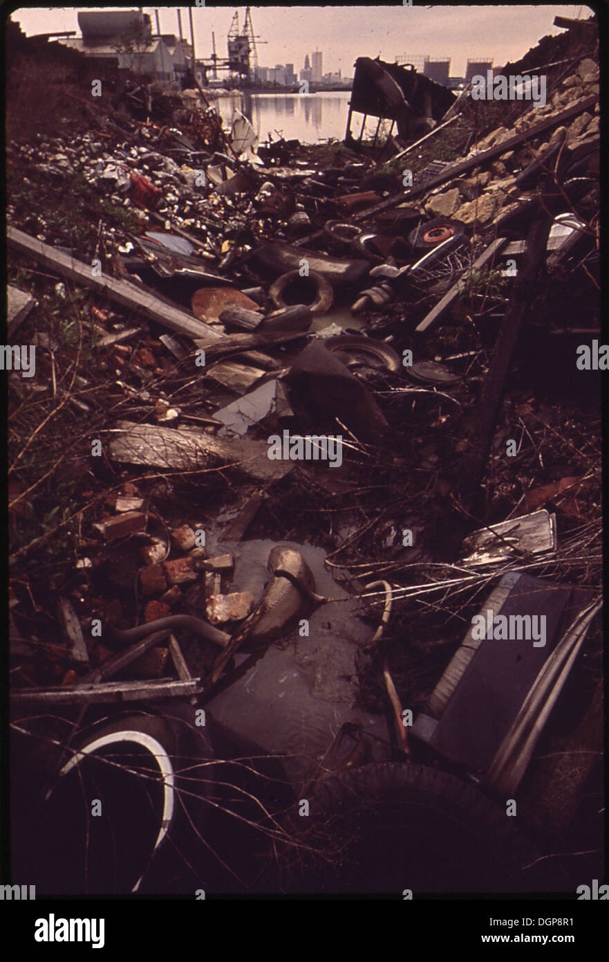 A junkyard located at the edge of a harbor, where discarded materials ...
