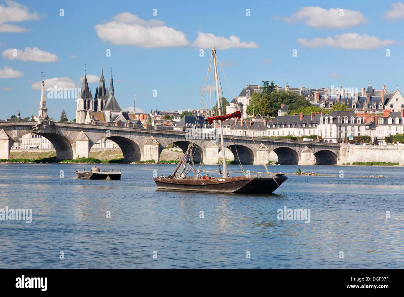 View over the Loire River bridge, Pont Jacques Gabriel, towards Blois ...