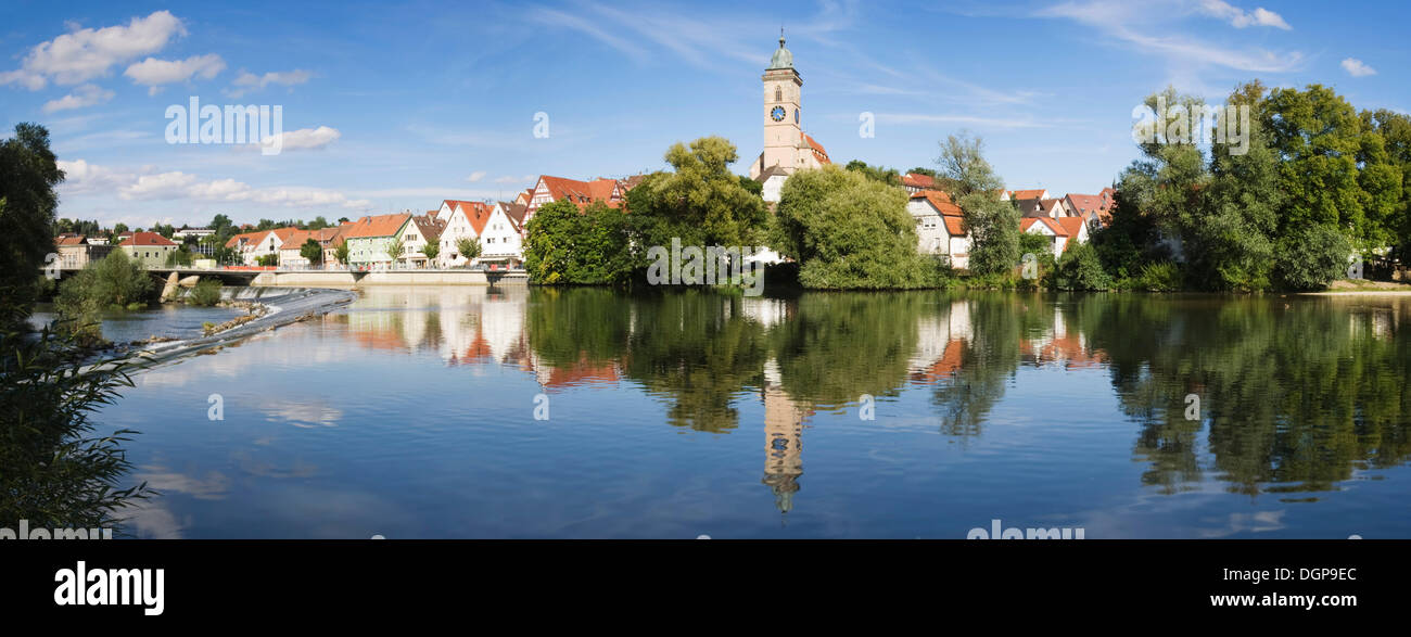 Historic town of Nuertingen reflected in the Neckar River, Baden ...