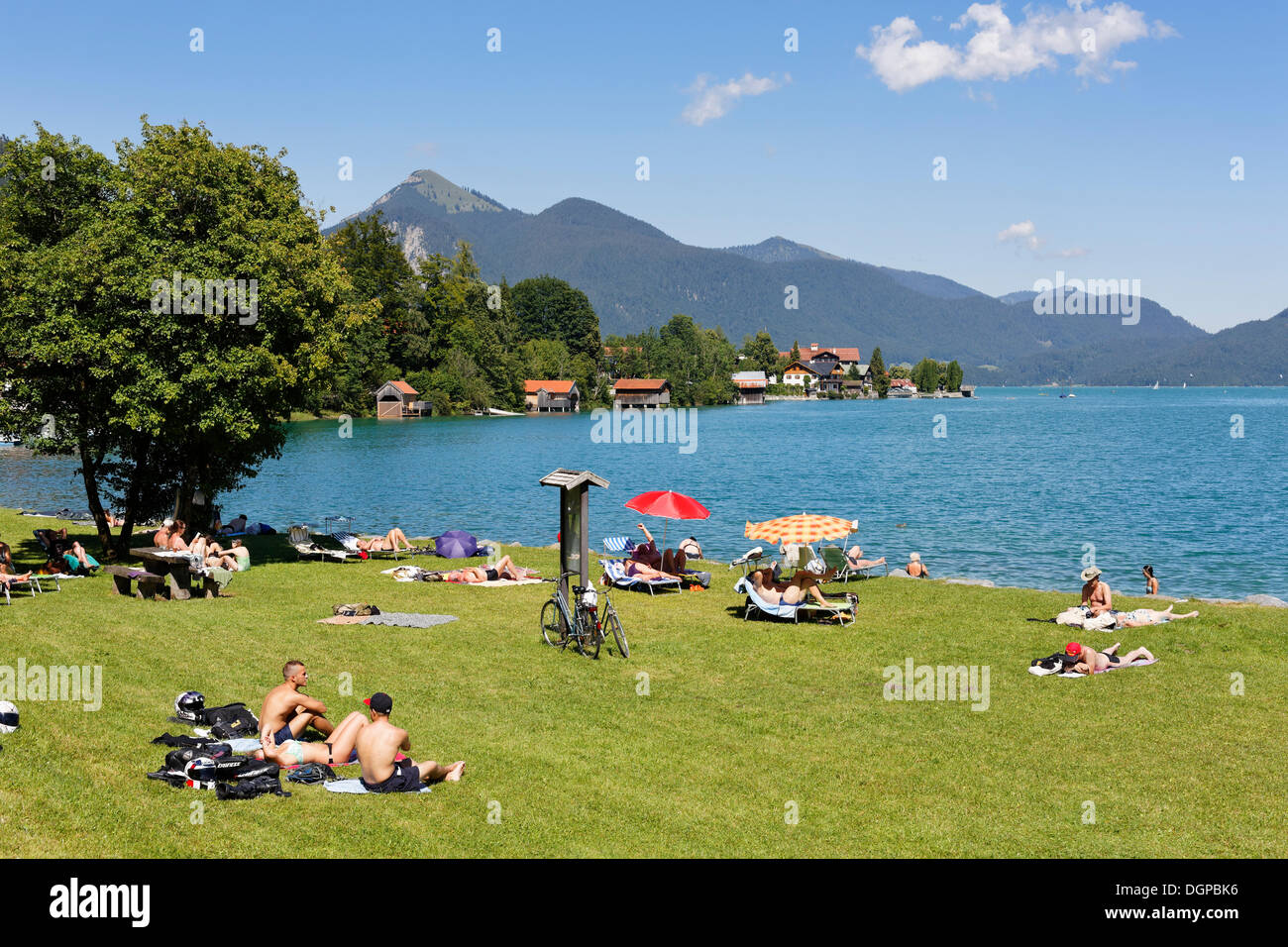 Bathing beach on Lake Walchensee or Lake Walchen, Upper Bavaria ...