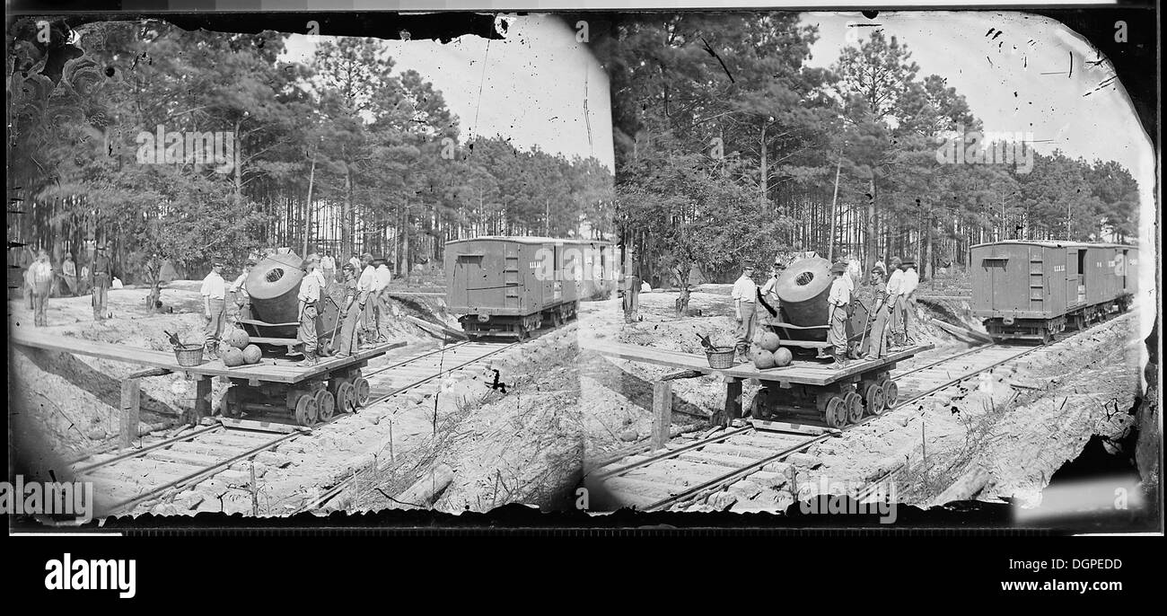 A mortar is mounted on a railroad car in Petersburg, Virginia, likely ...