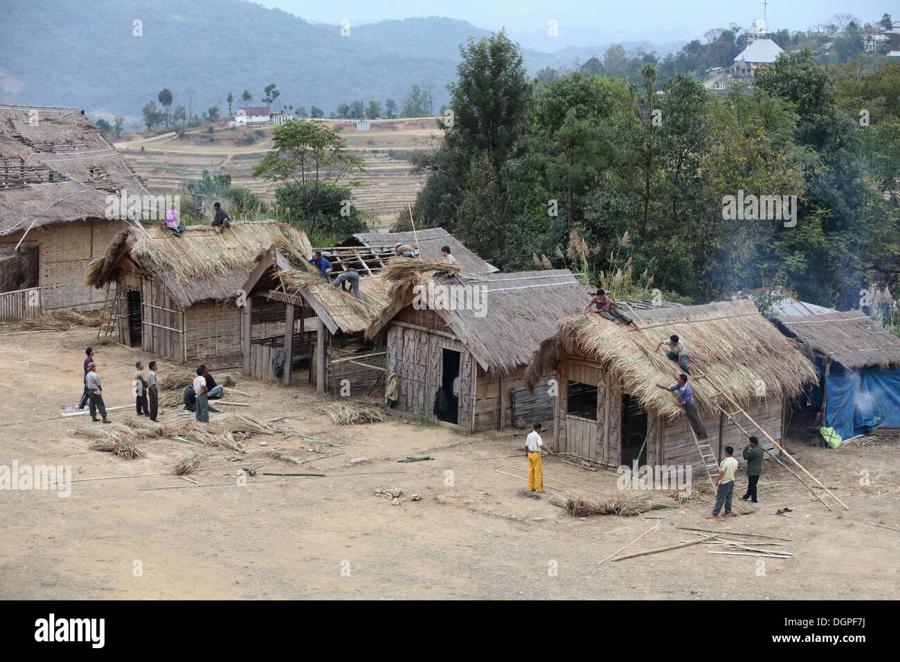 Angami tribal people making hut of hay, Kohima, Nagaland, India Stock ...