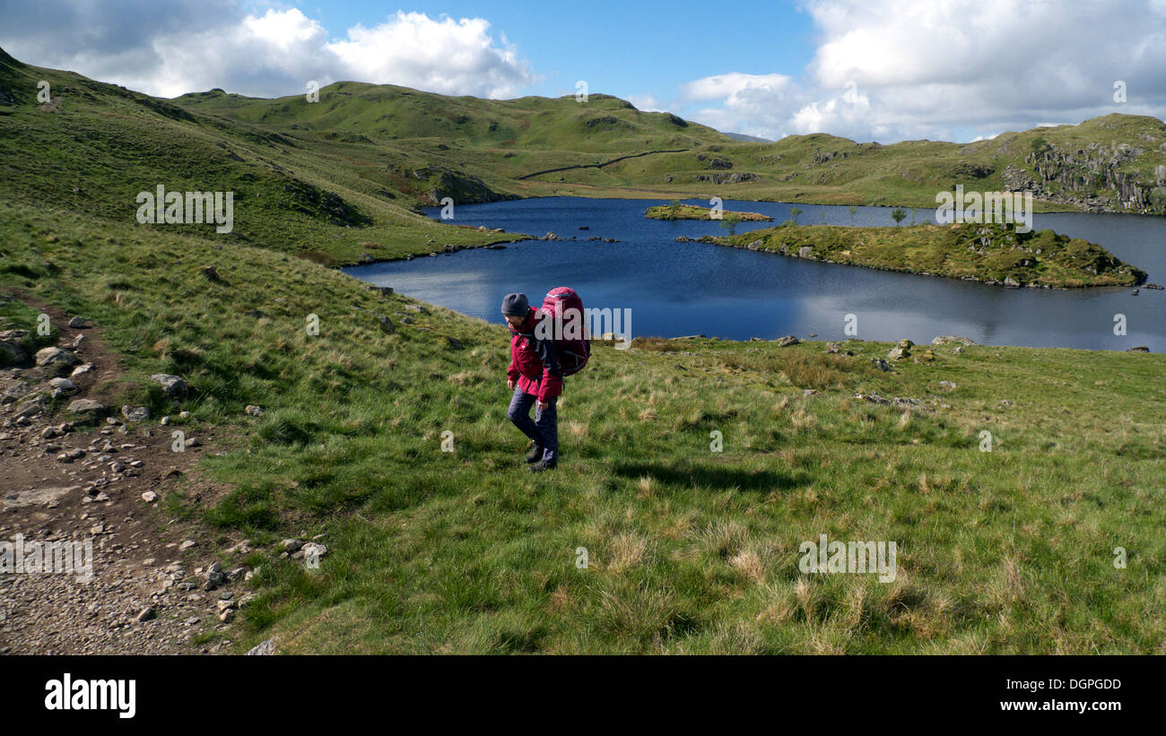 Backpacker leaving wild campsite at Angle Tarn, Patterdale, Lake ...