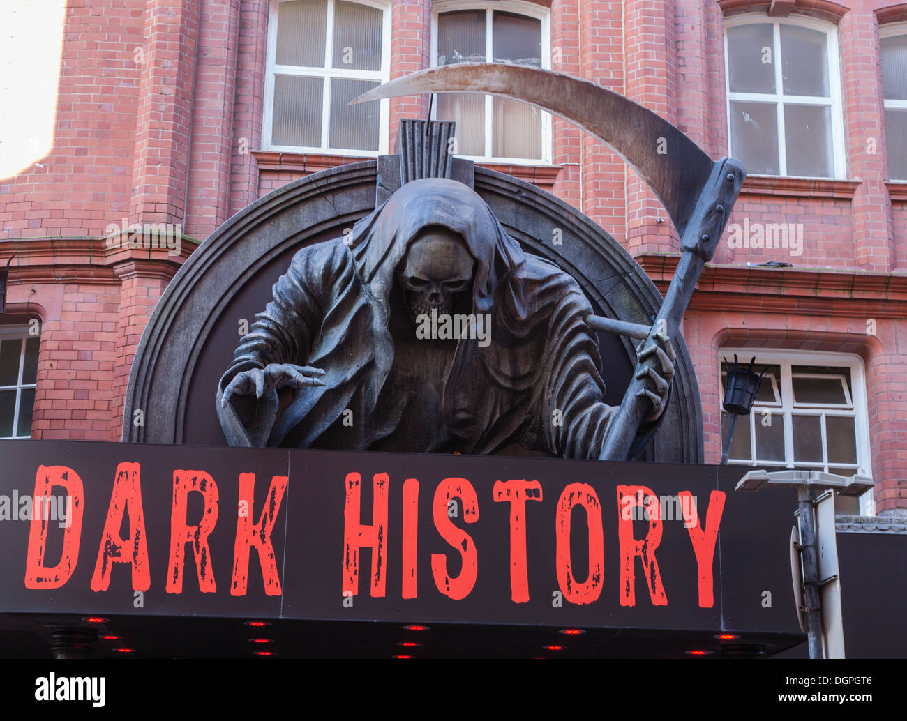 Grim Reaper sign with a skeleton head outside the London Dungeon ...