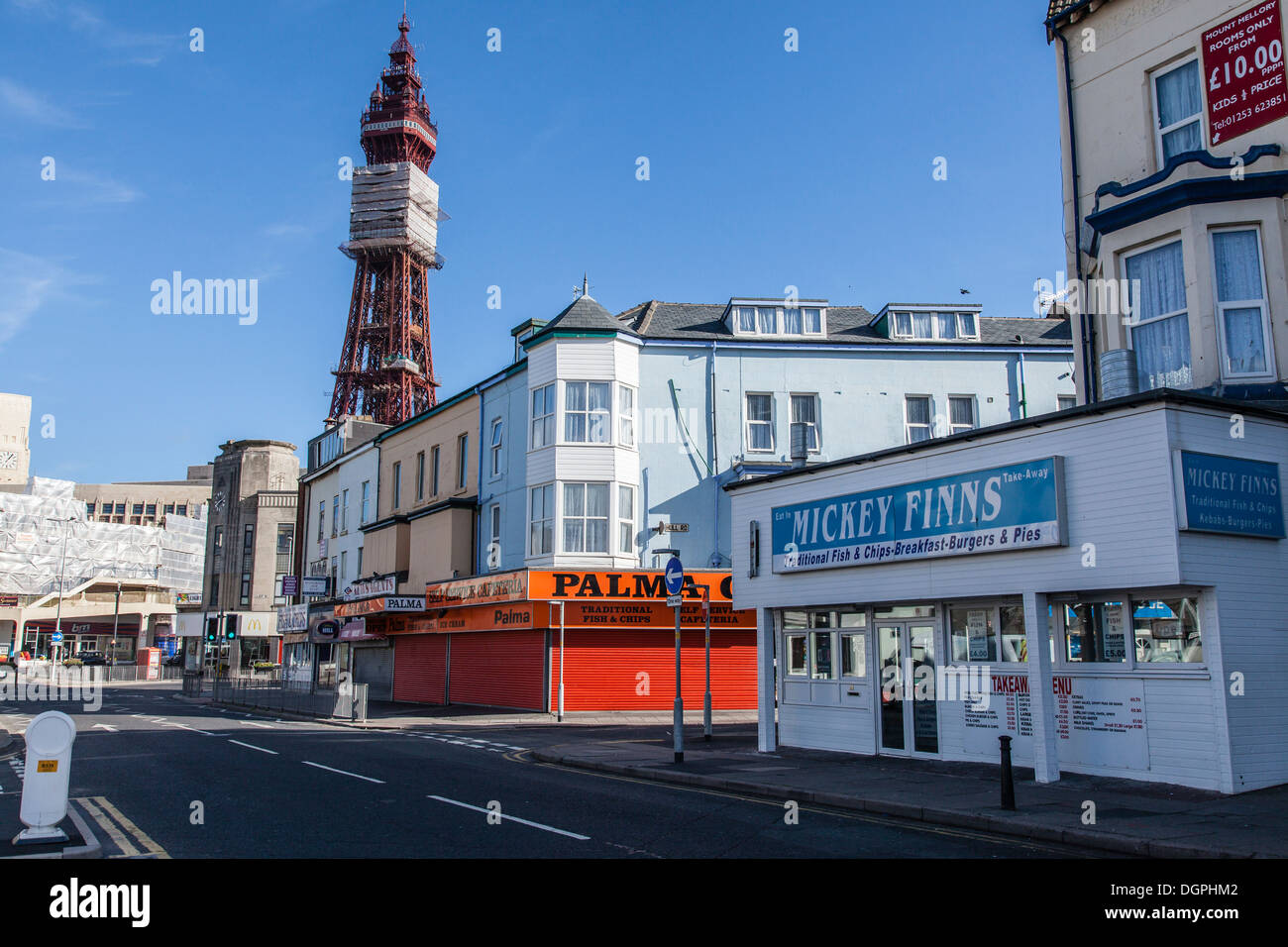 View of the front of Blackpool with a Fish and Chip in the foreground ...