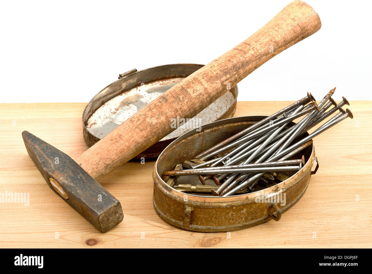 old used tools on the wooden desk Stock Photo - Alamy