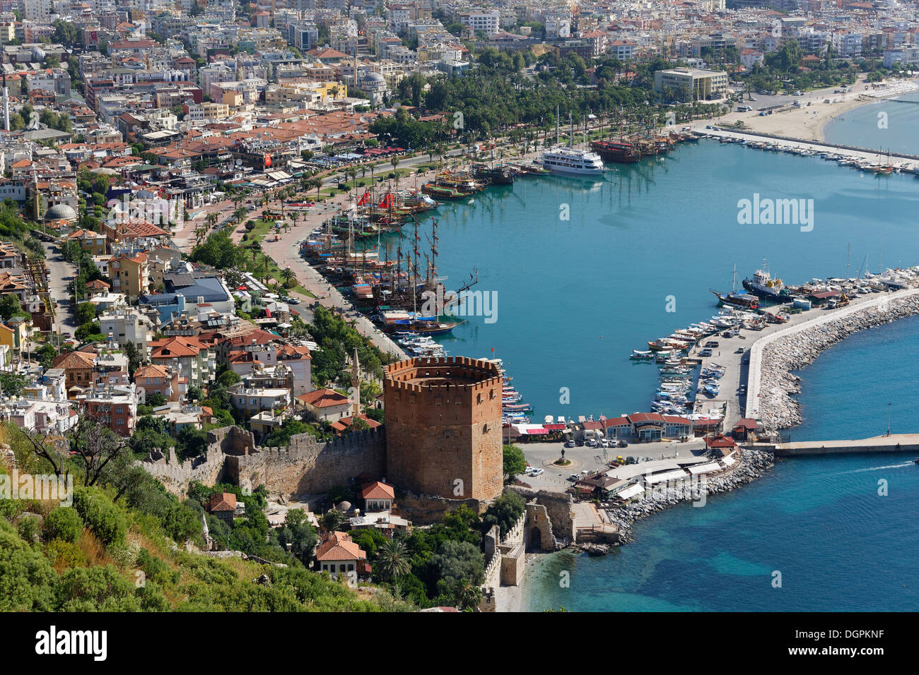 Historic town centre of Alanya with the port and Kızıl Kule or Red ...
