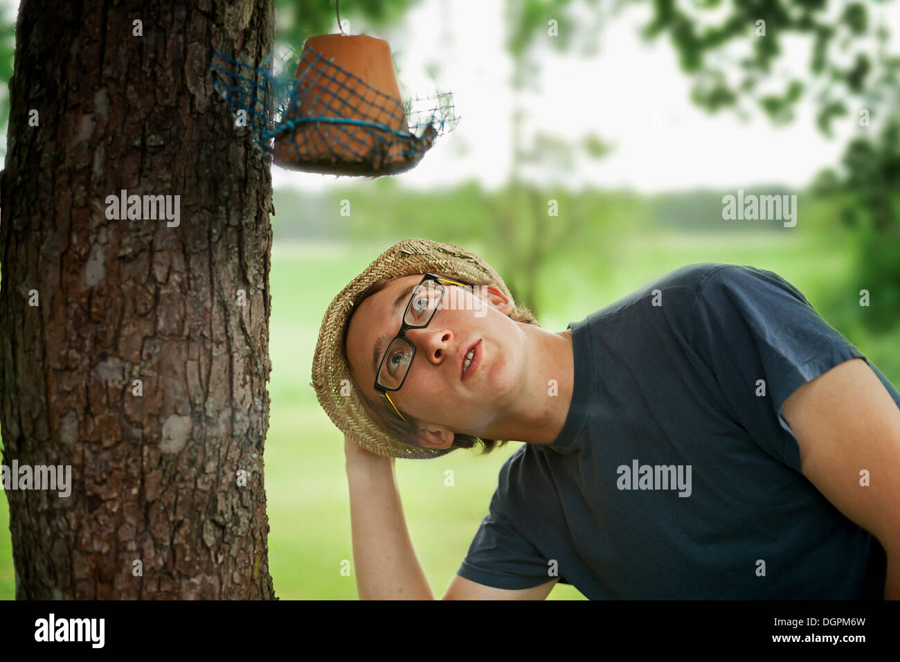 Young man checking an insect hotel, an upside down flowerpot for ...