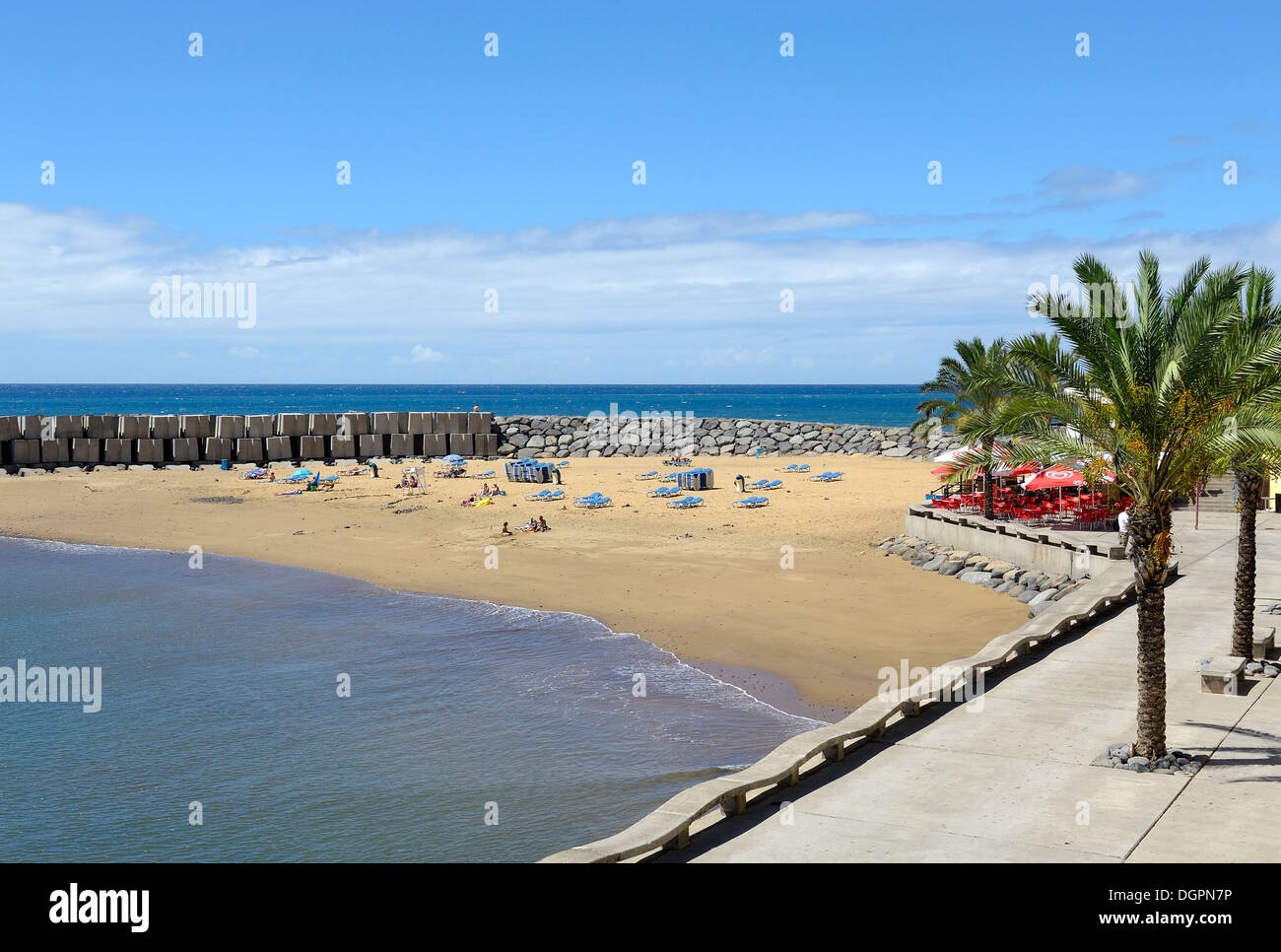 Madeira Portugal. The man made beach in the holiday resort of Calheta ...