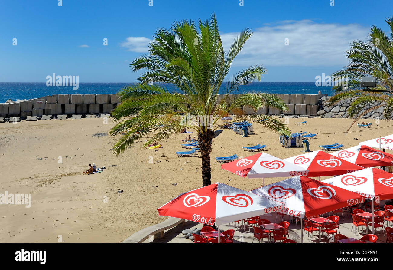 Madeira Portugal. The man made beach in the holiday resort of Calheta ...