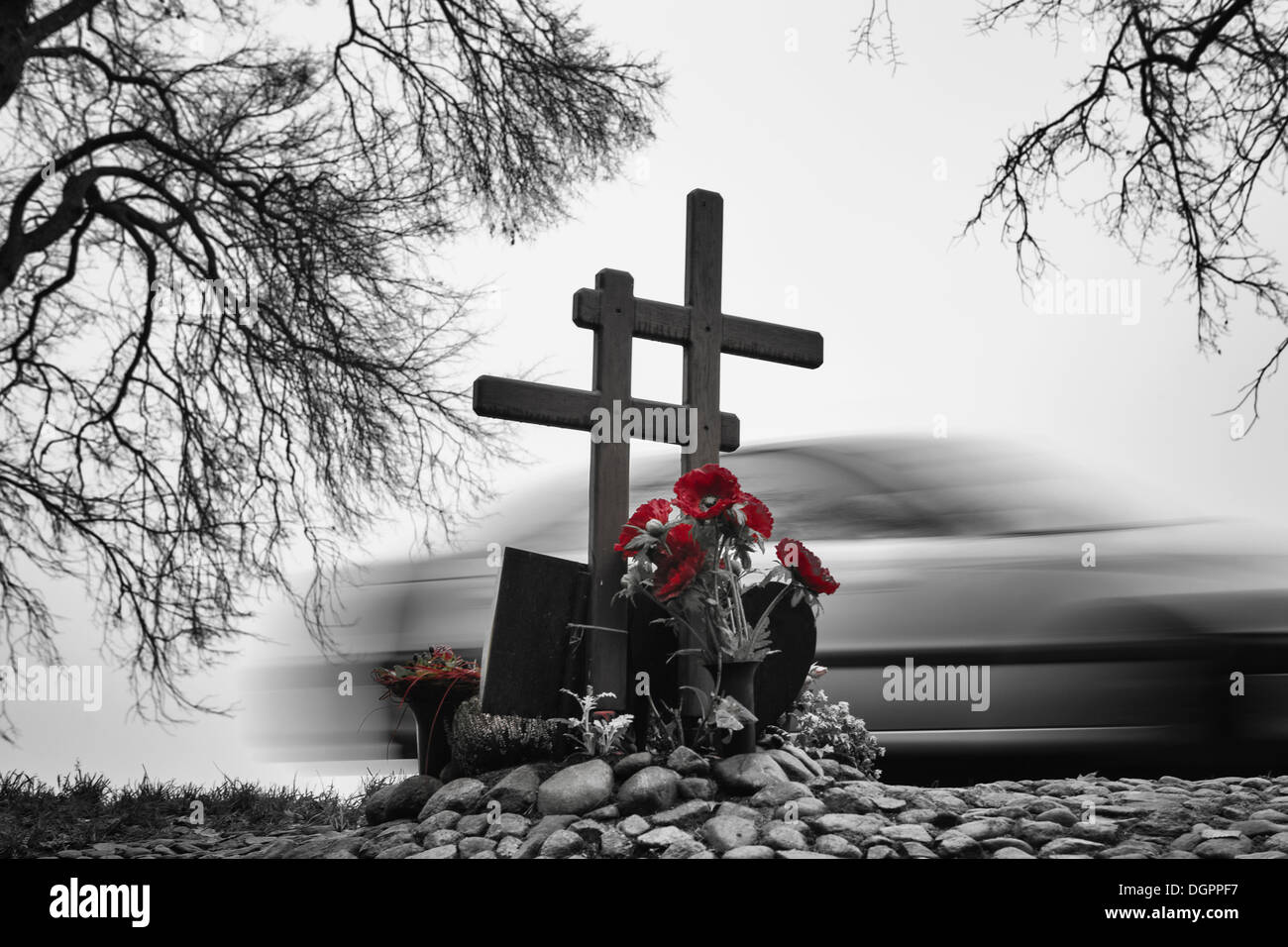 Roadside memorial to a deceased young couple in a car accident ...