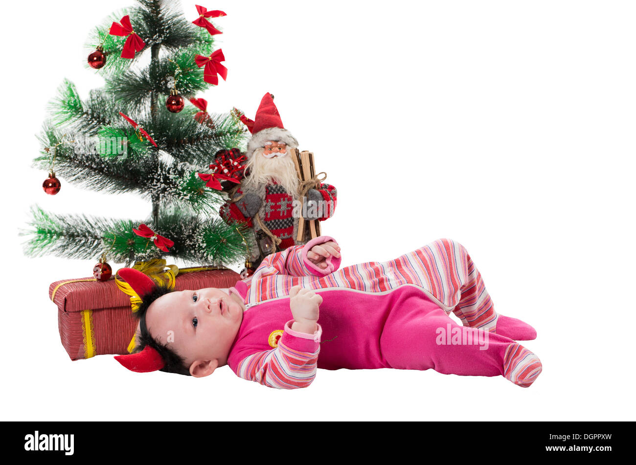 Santa baby girl near Christmas tree and gift on isolated white ...