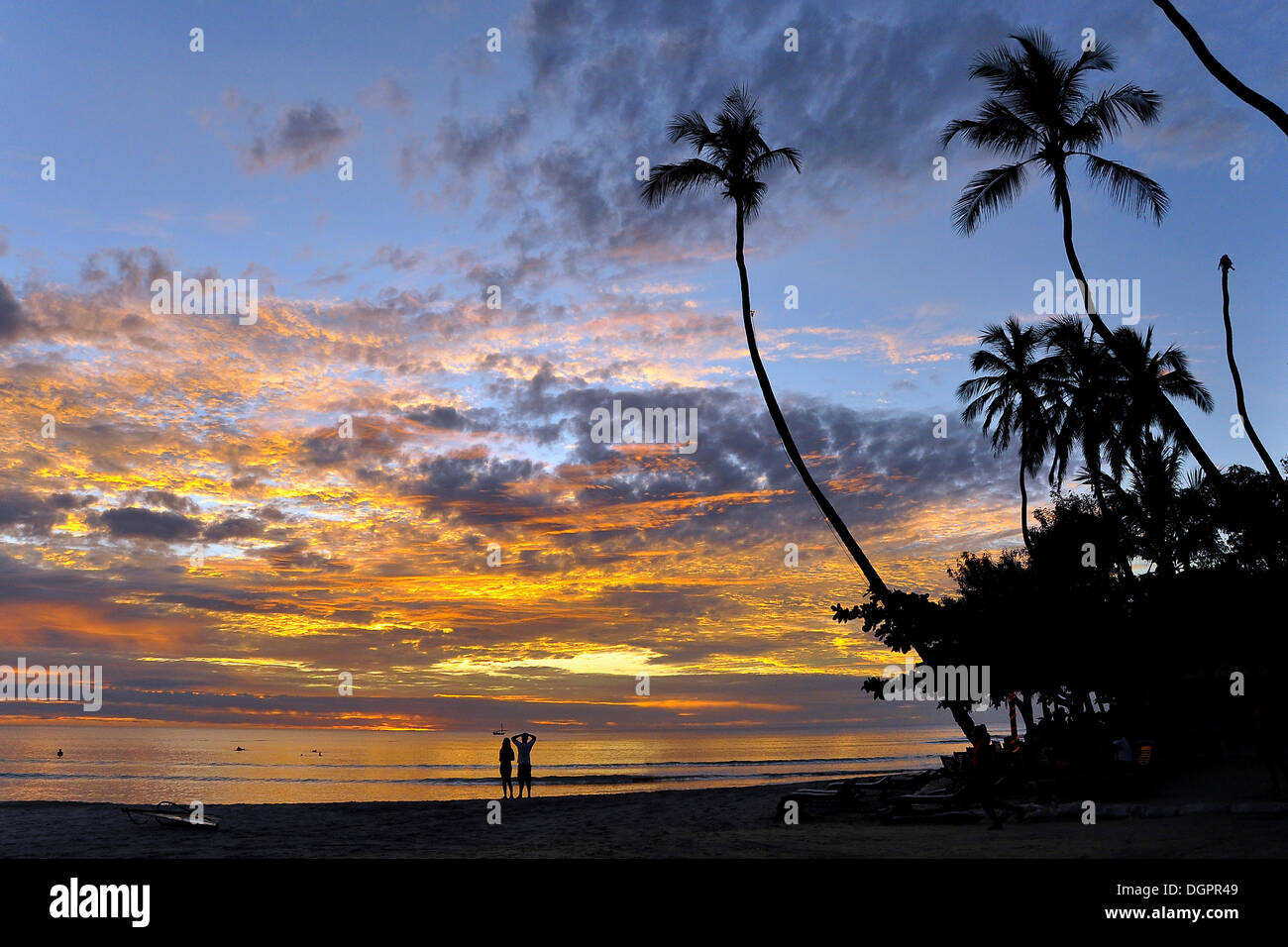 Couple with idyllic sunset under palm trees, Ceará, Brazil, South ...