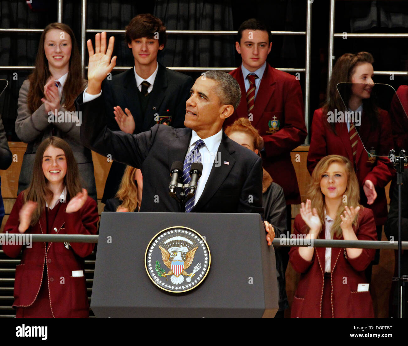 US President Barack Obama delivers an address at the Waterfront hall ...