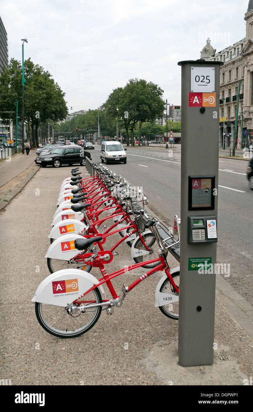 A Velo public hire bicycle station full of bikes in Antwerp, Belgium ...