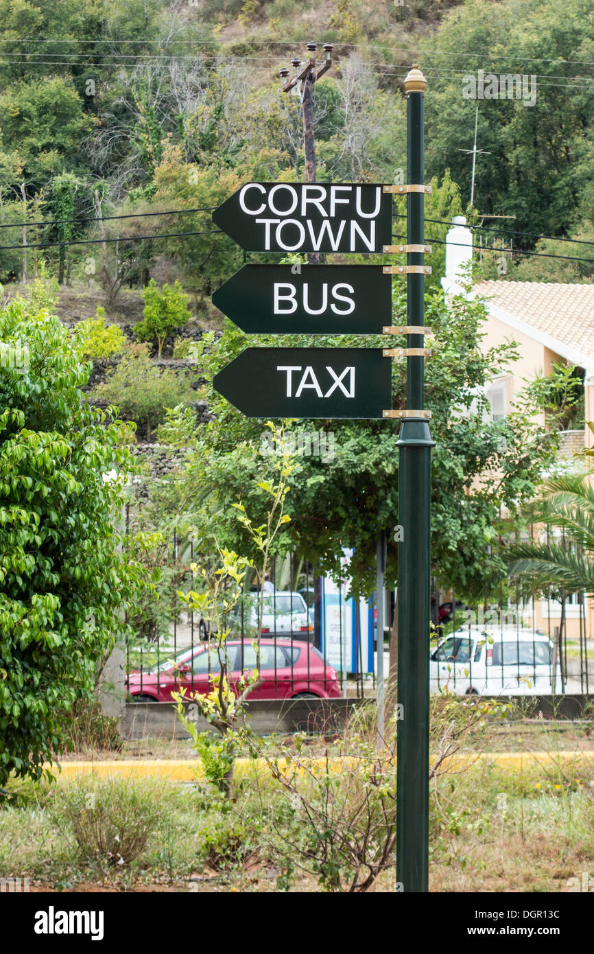 Sign post bus, taxi and Corfu Town, Old Town, Corfu Island, Ionian ...