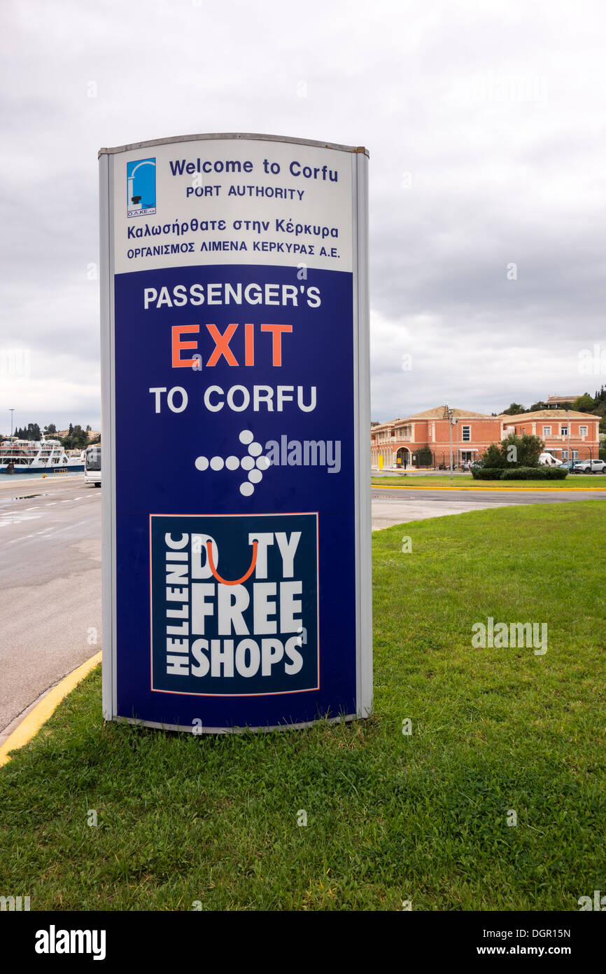 Sign Exit to Corfu and Duty Free Shops, Old Town, Corfu Island, Ionian ...