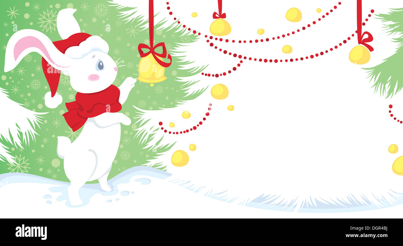 Christmas illustration with cute white rabbit on snow Stock Photo - Alamy
