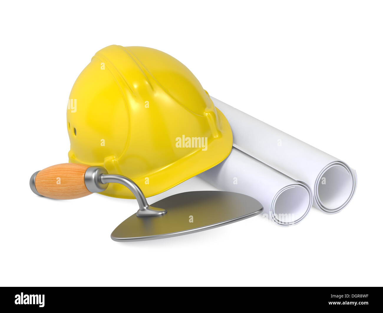 Hard Helmet, Trowel and Drawings Stock Photo - Alamy