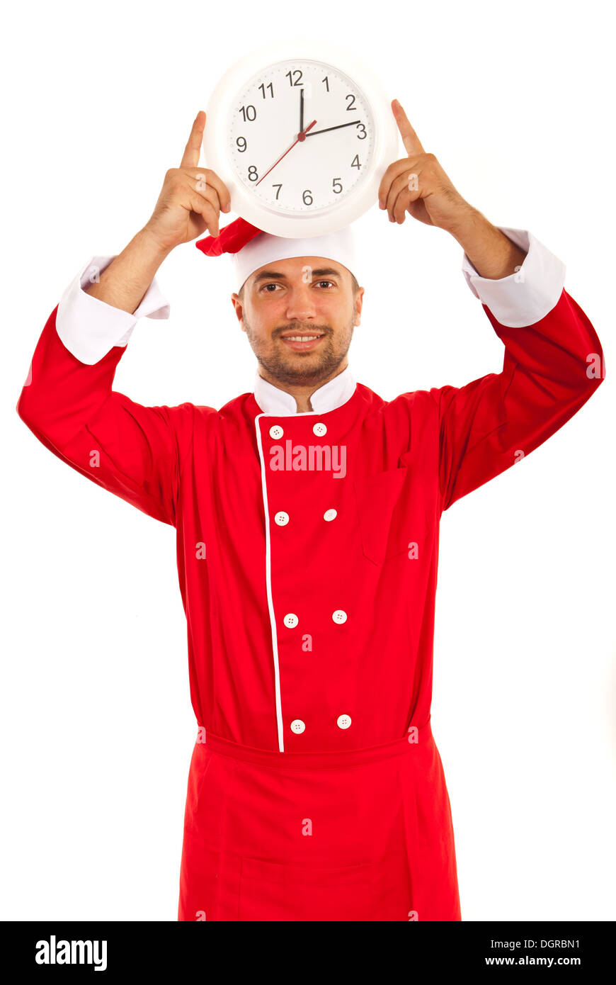 Chef male showing clock over head isolated on white background Stock ...