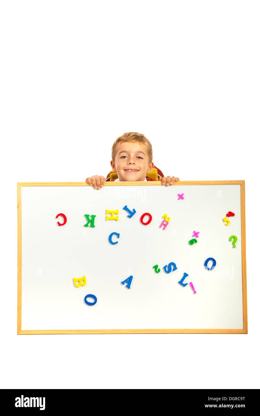 School boy holding banner with colorful numbers and letters isolated on ...