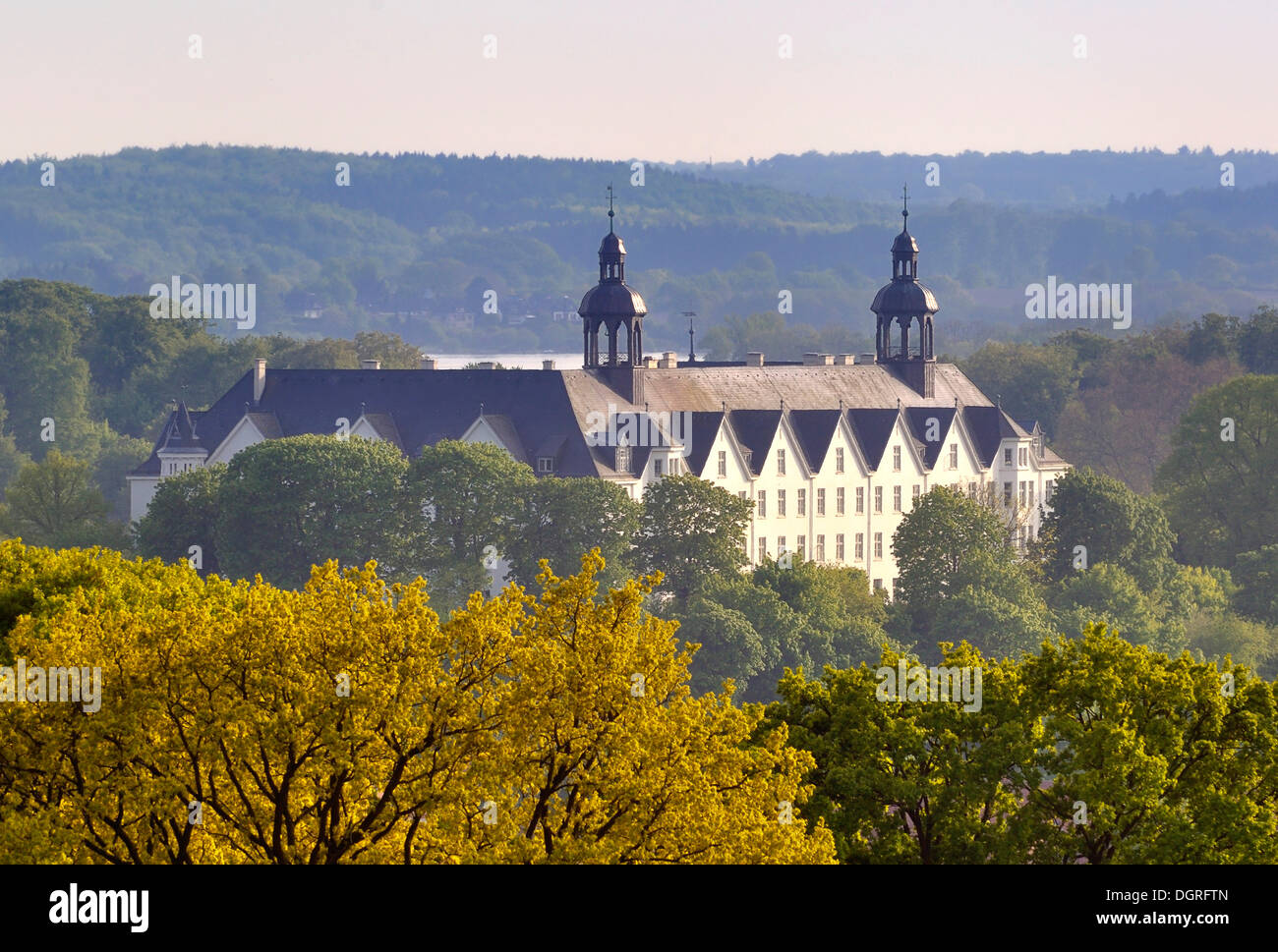 View of Schloss Ploen castle from Parnass-Turm tower, Ploen, Schleswig ...