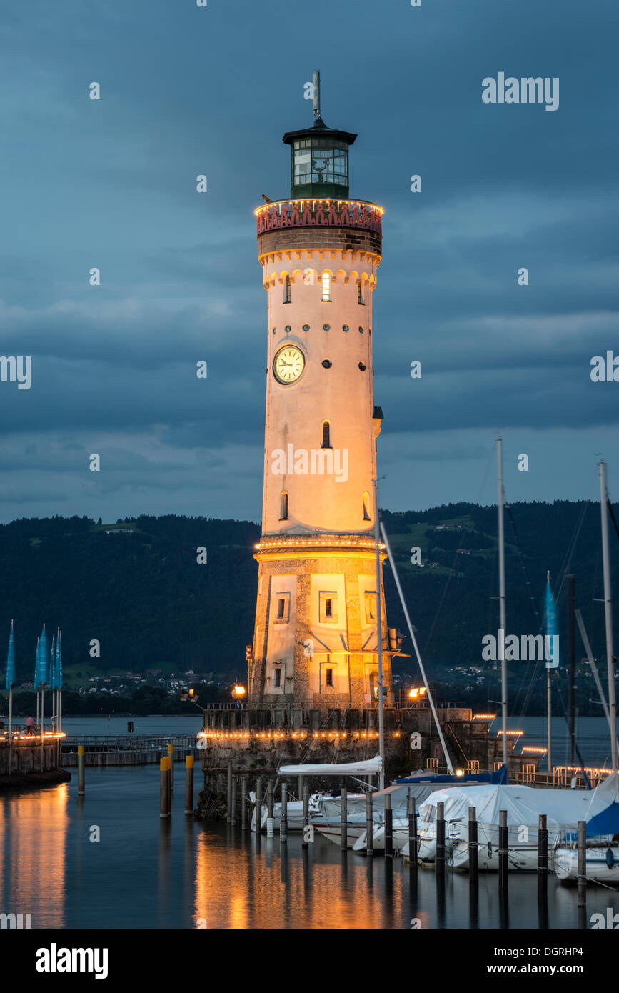 The illuminated lighthouse of Lindau, Lake Constance, Bavaria Stock ...