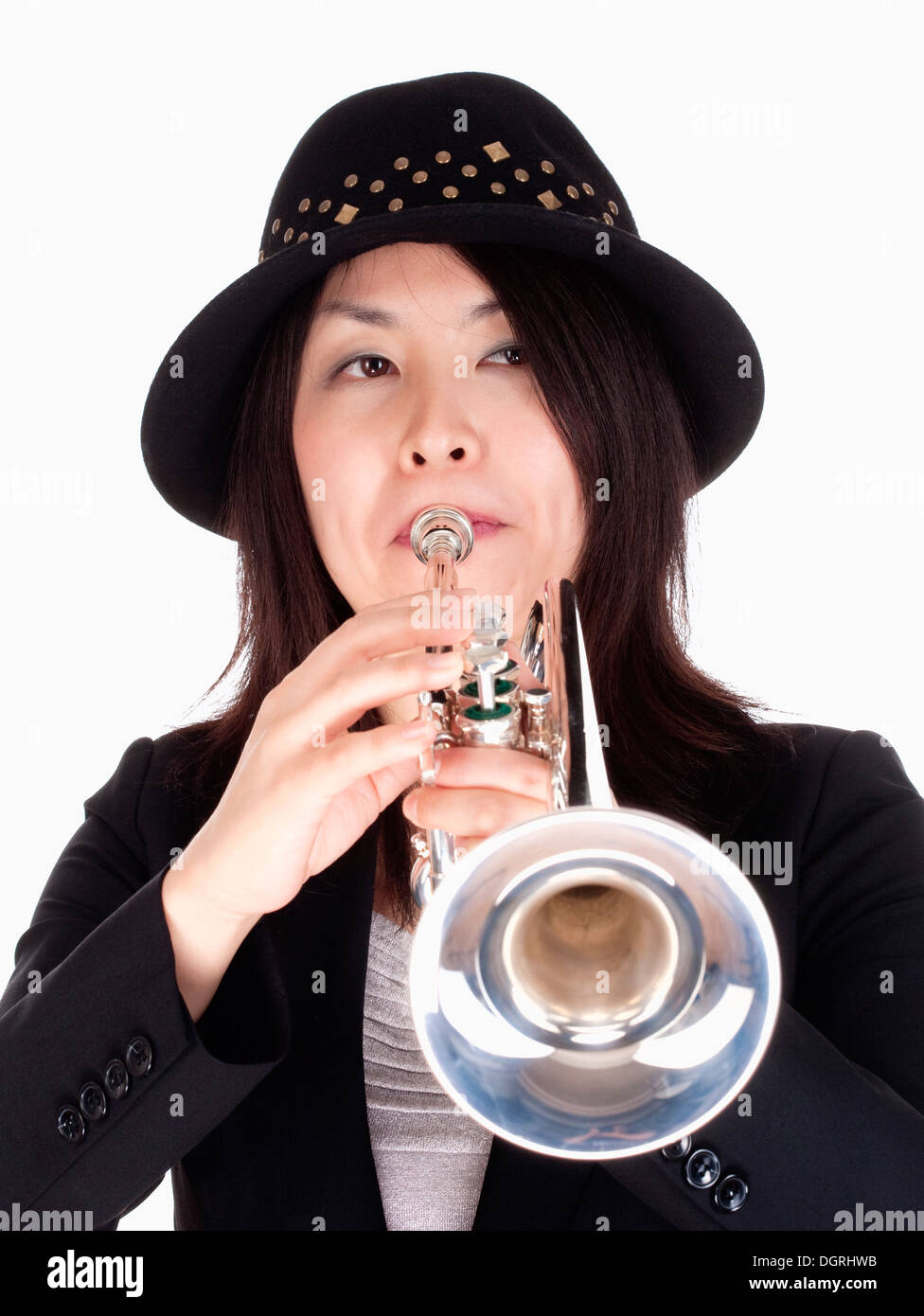 Portrait of a Female Trumpet Player - Isolated on White Stock Photo - Alamy