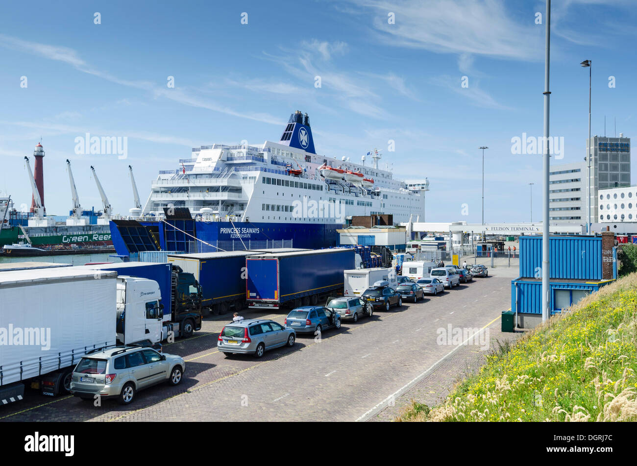 Cars and trucks are lined up at the ferry port of Ijmuiden, Princess ...