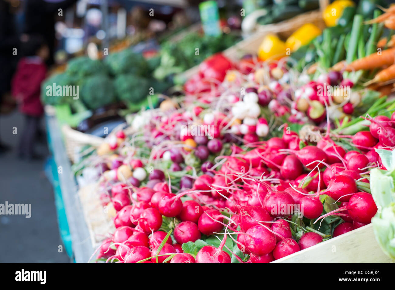 Side view detail of bunch of red radishes in boxes in farmers' market ...