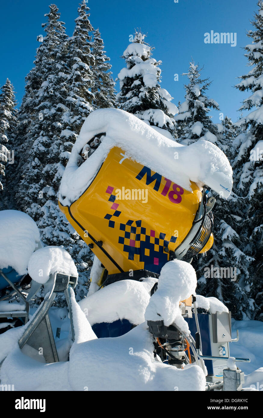 Snowy snow cannon out of service, Tyrol, Austria, Europe Stock Photo ...