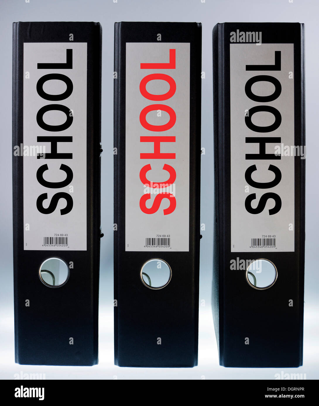 Three file folders labeled "School Stock Photo - Alamy