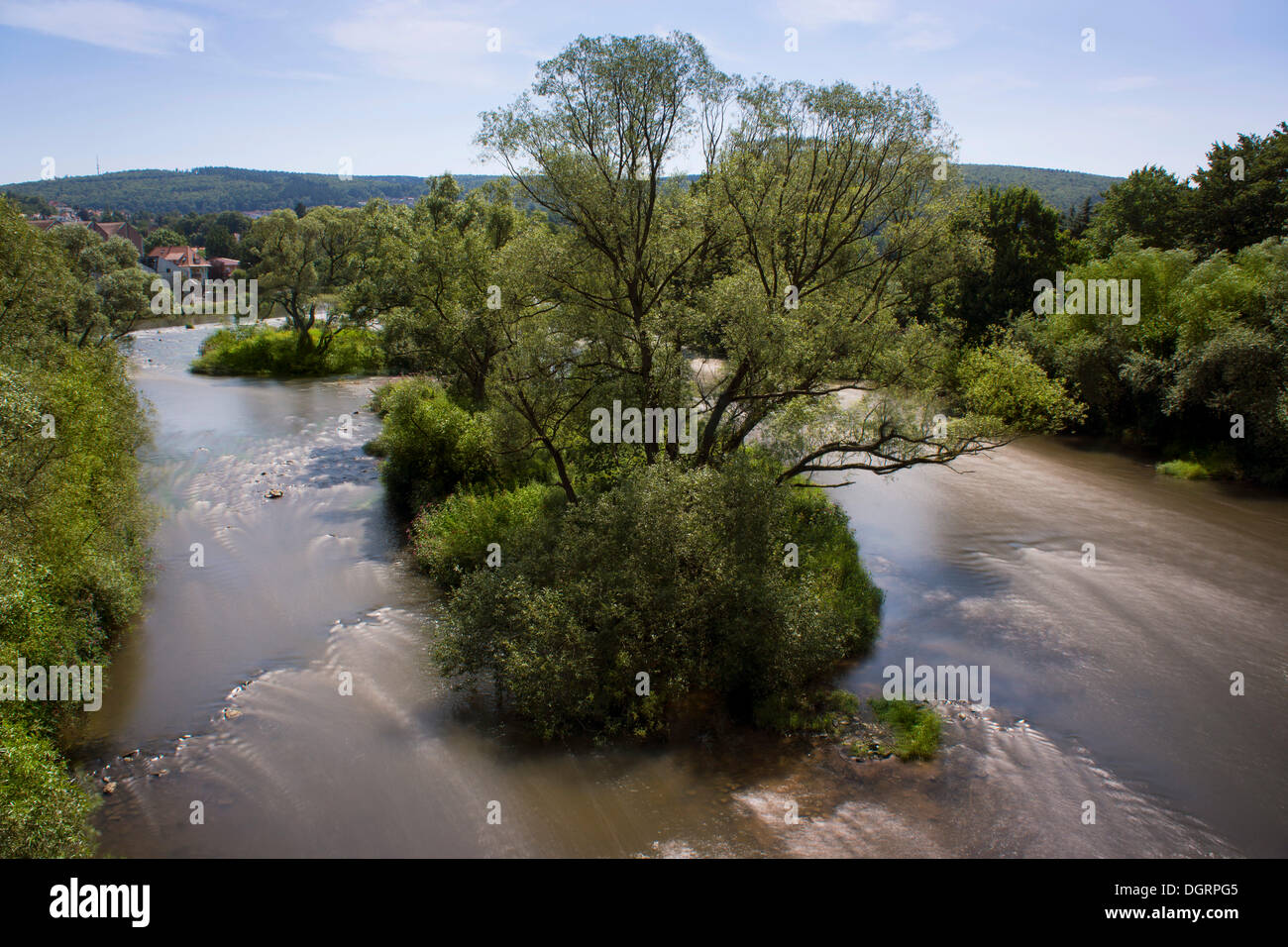 Small island in a branch of the Fulda River, Hannoversch Münden, Lower ...