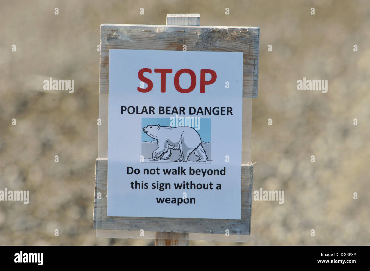 Polar bear warning sign, "Polar Bear Danger", Ny-Ålesund, Spitsbergen ...