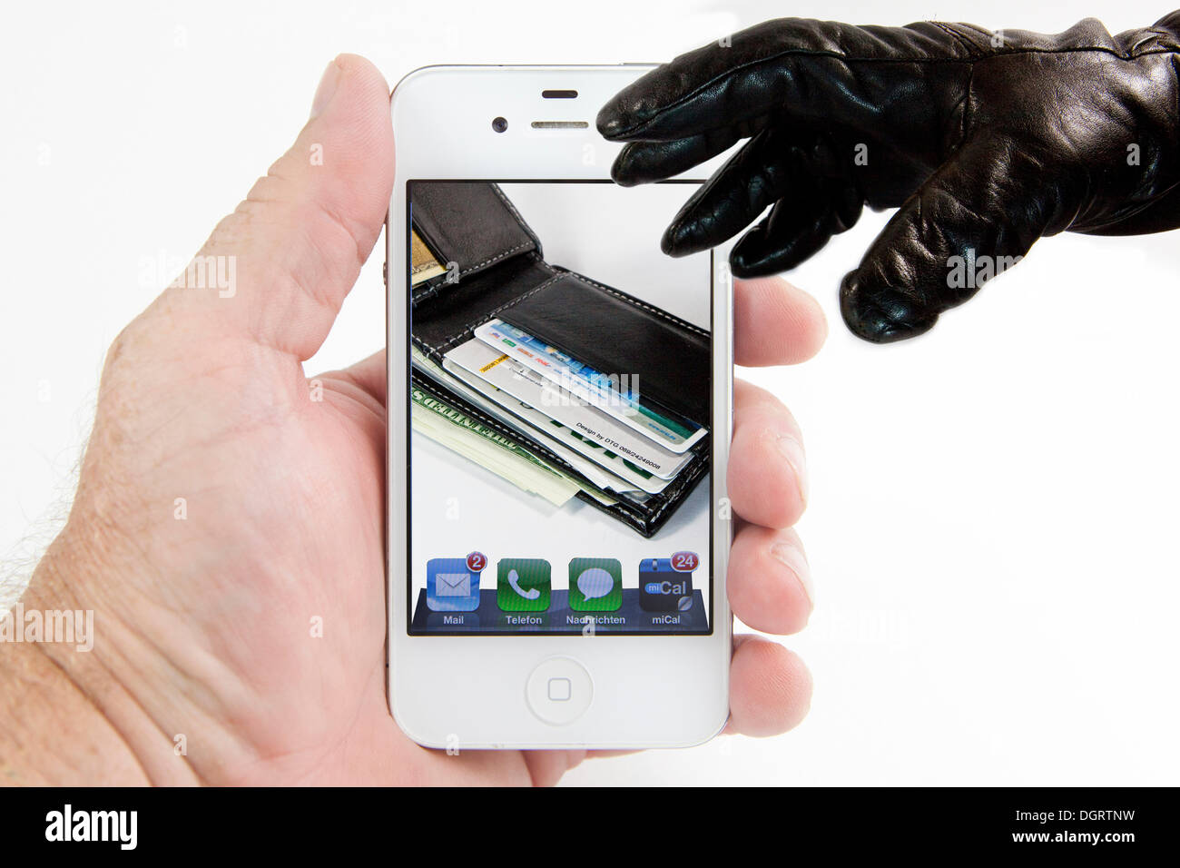 Gloved hand reaching for wallet on smartphone display, symbolic image ...