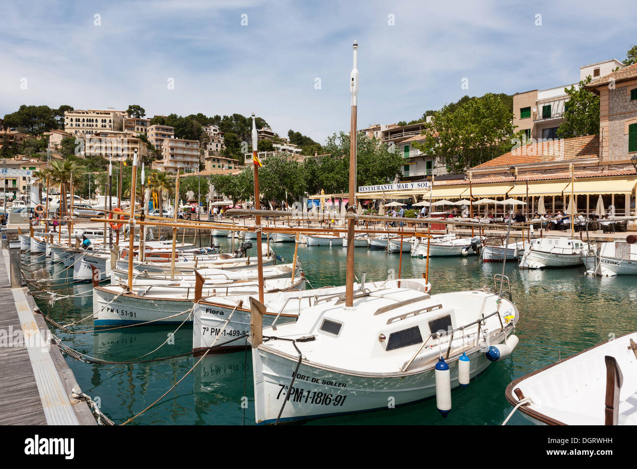 Typical fishing boats in the harbor of Port de Sóller, Sóller ...