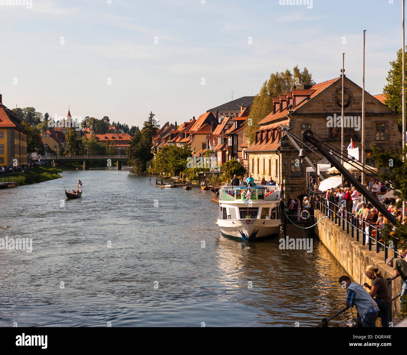 Gondola on the Regnitz river at Little Venice, Bamberg, Upper Franconia ...