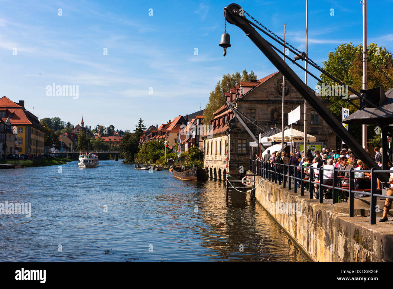 View over the Regnitz River towards Little Venice in Bamberg, Bamberg ...