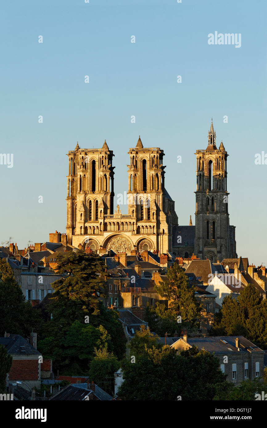 Laon Cathedral in the evening light, historic district, Laon, Via ...