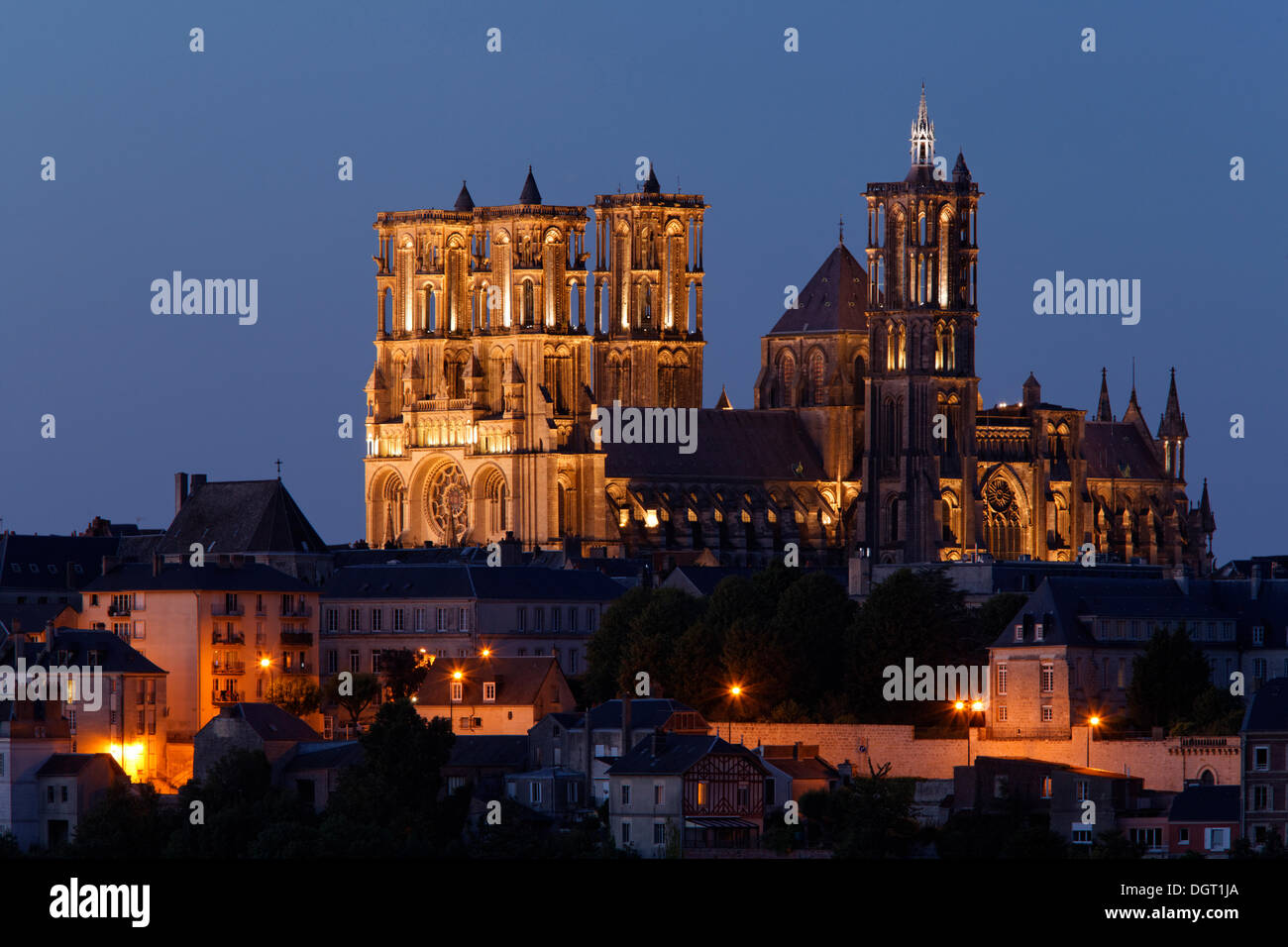 Laon Cathedral at dusk, historic district, Laon, Via Francigena, an ...
