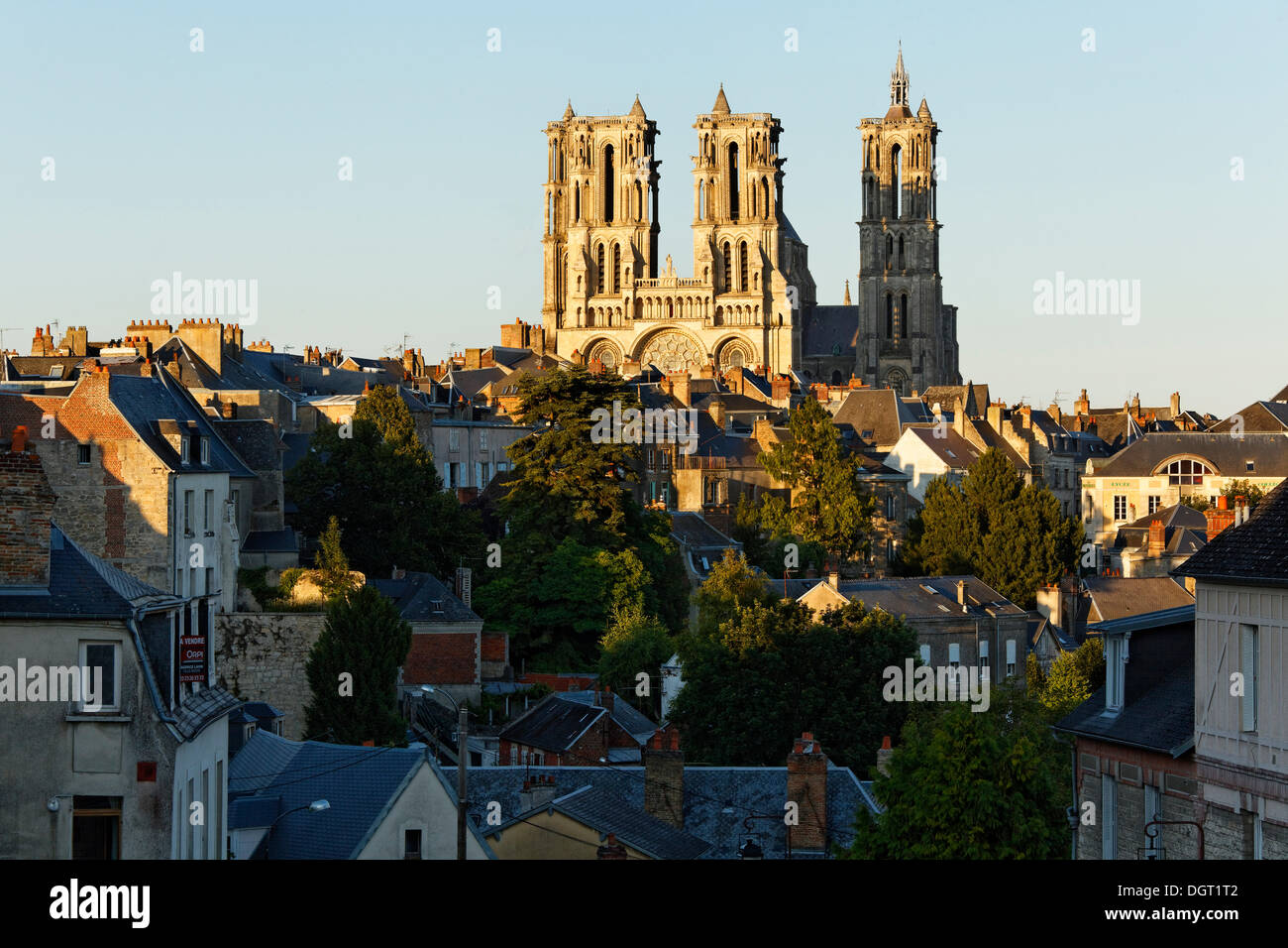 Laon Cathedral in the evening light, historic district, Laon, Via ...