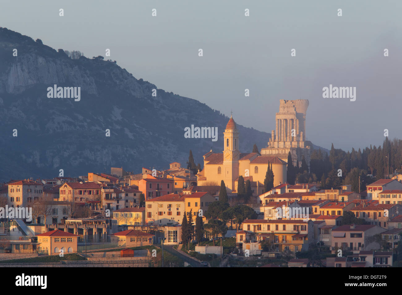 View over La Turbie with Tropaeum Alpium in the evening light, La ...