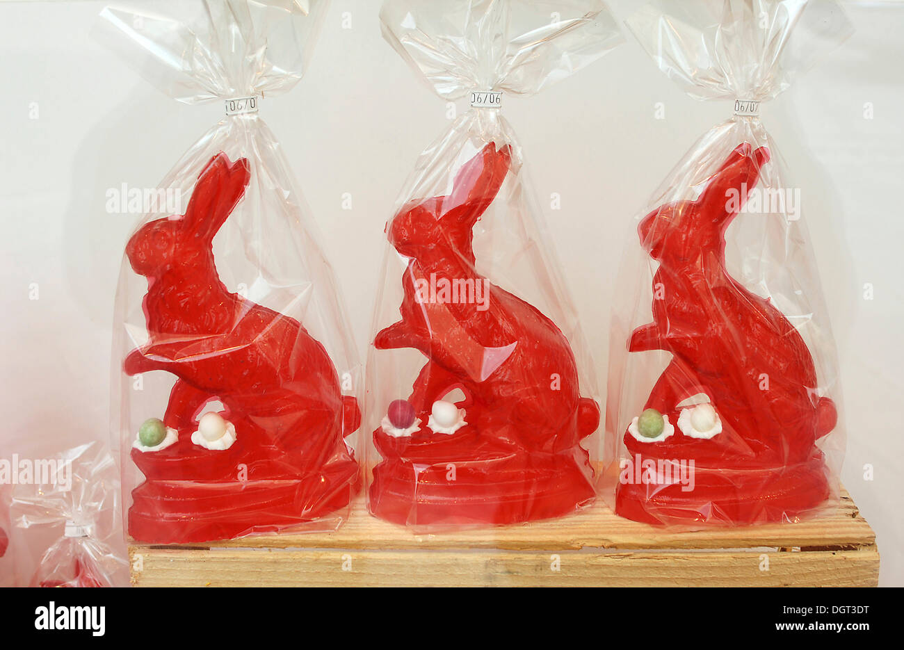 Three red easter bunnies, candy, packed in cellophane, Nuremberg ...
