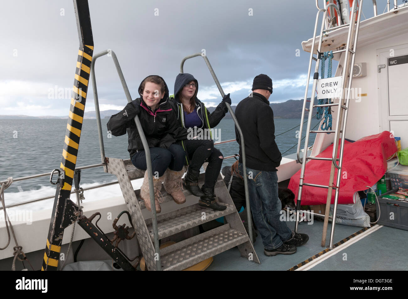 Passengers on the Knoydart Sea Bridge ferry boat heading for Inverie ...