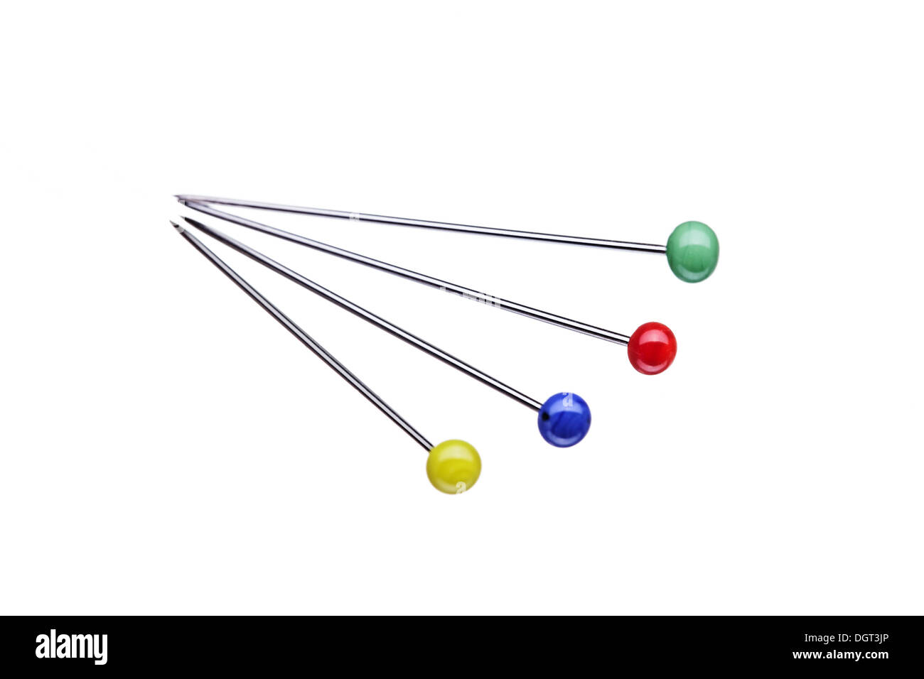 four different sewing pins with round red heads, isolated on white ...