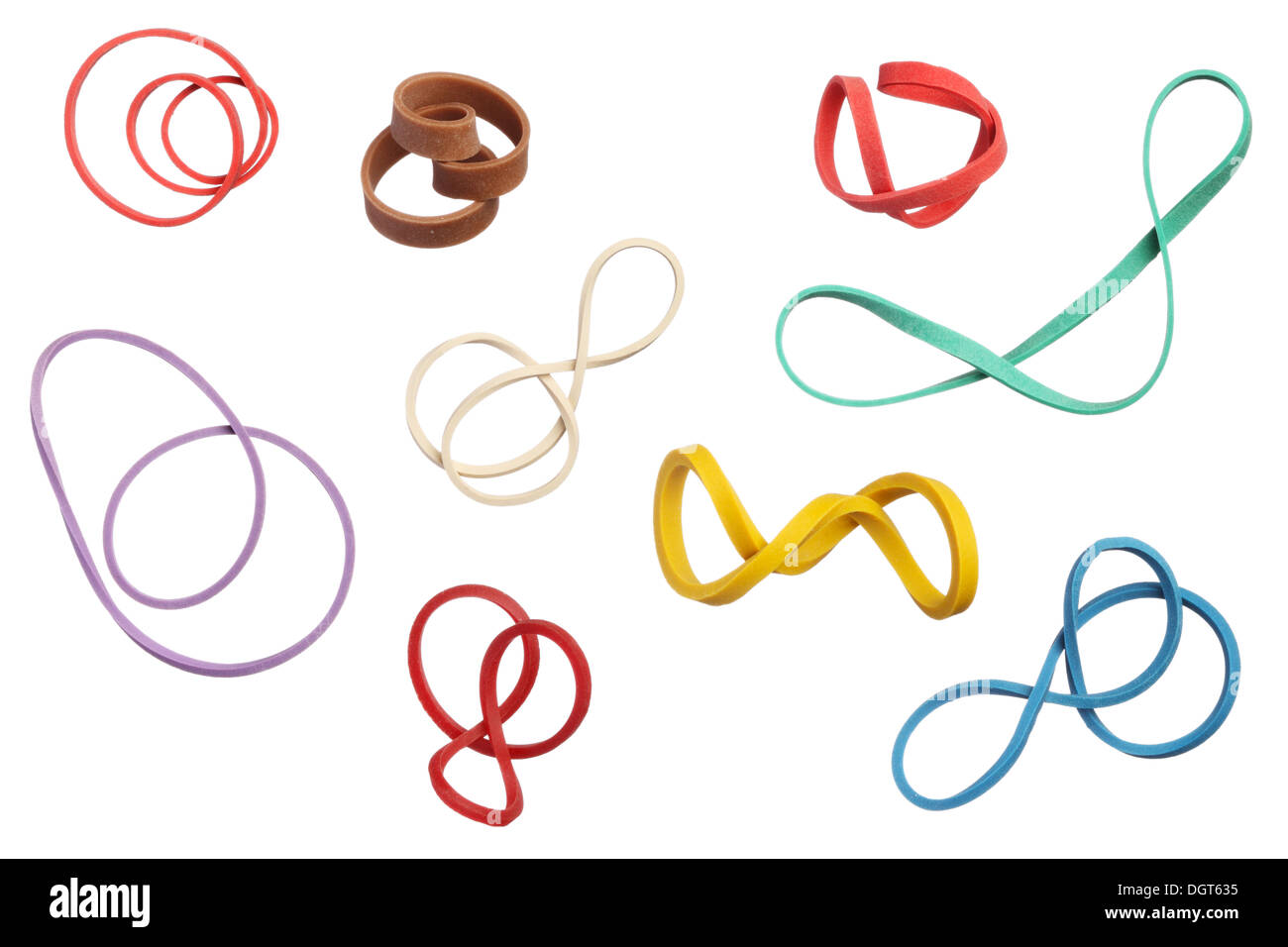 Twisted colorful elastic rubber bands isolated on white background ...