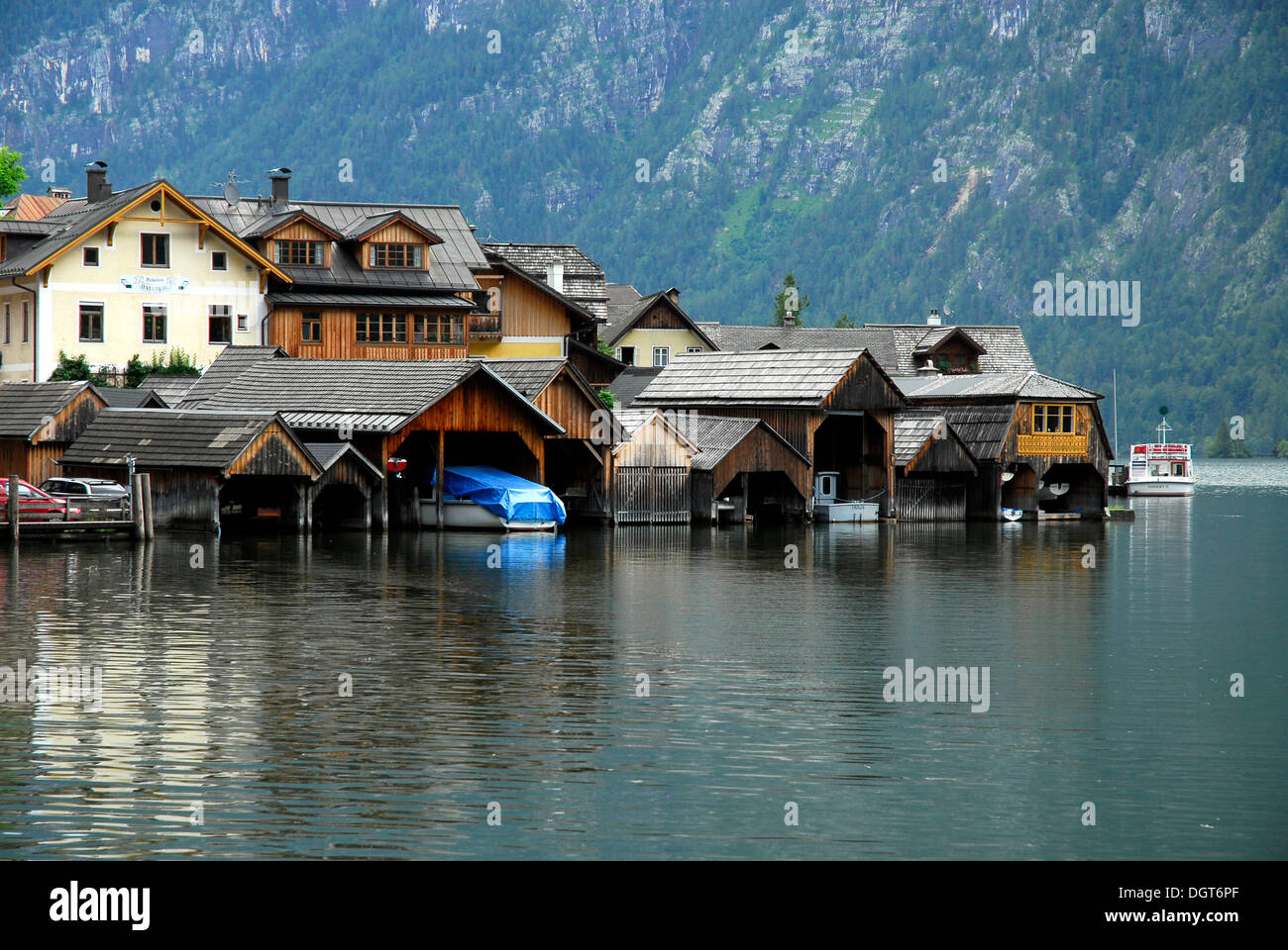 Boathouses, Hallstatt at the Hallstaetter See, Lake Hallstatt, UNESCO ...
