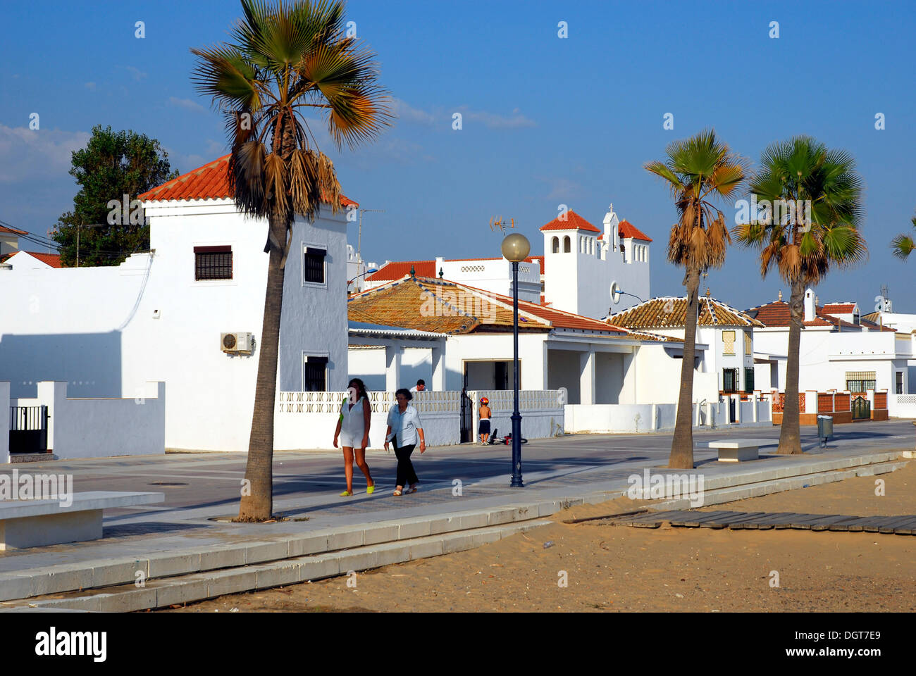 Promenade with palm trees, beach, La Antilla, Lepe, Costa de la Luz ...