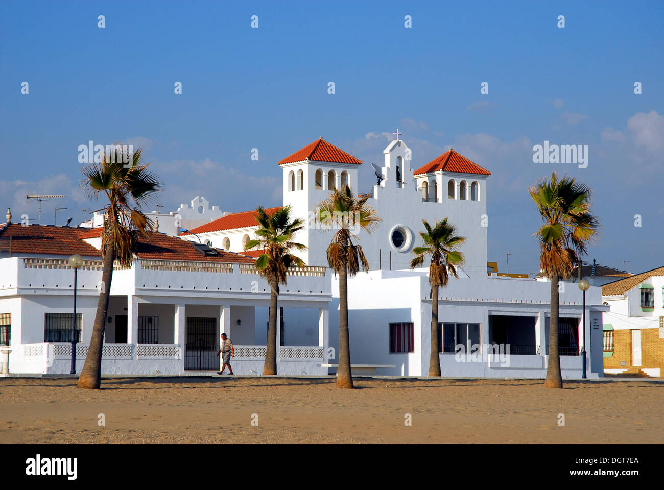 Promenade with church and palm trees, beach, La Antilla, Lepe, Costa de ...