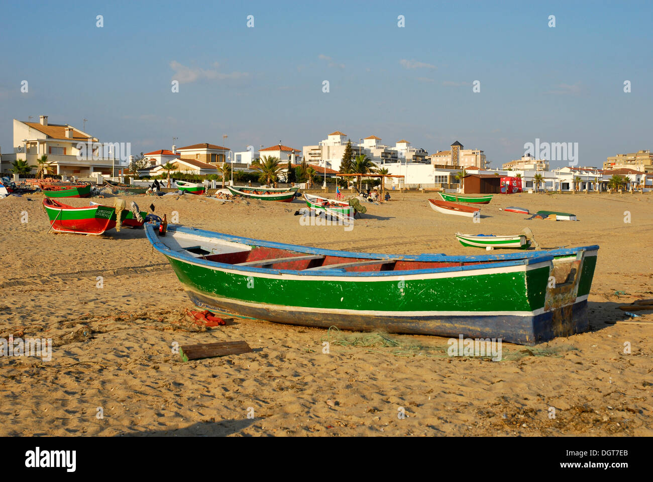 Boats on the beach, fishing village La Antilla, Lepe, Costa de la Luz ...